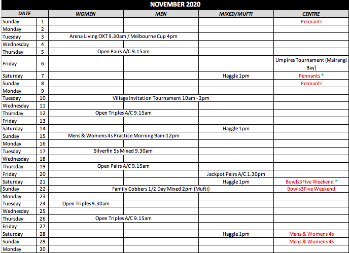 November 2020 – Events Calendar – Mairangi Bay Bowling Club